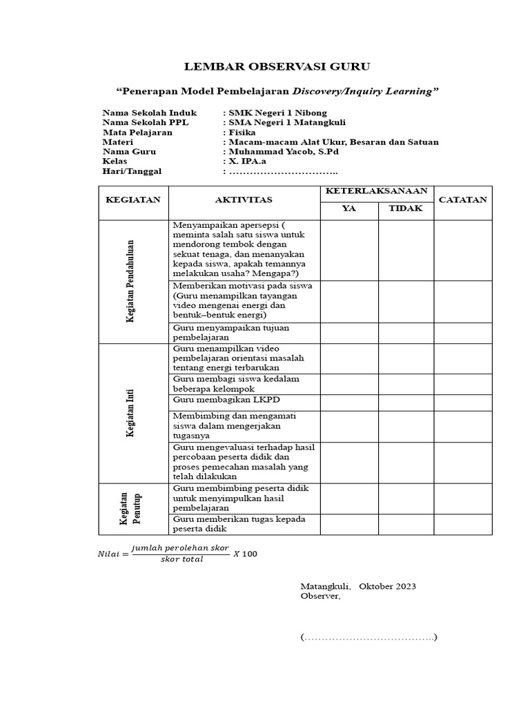 Lembar Observasi Guru | PDF