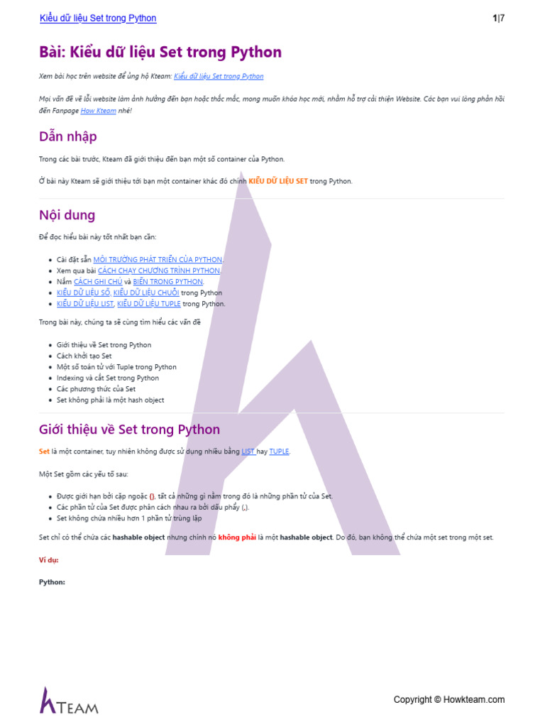 HOWKTEAM.VN - Kiểu dữ liệu Set trong Python | PDF