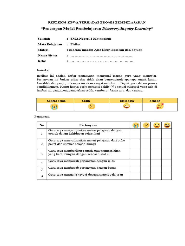 Refleksi Siswa Terhadap Proses Pembelajaran (Emoji) | PDF