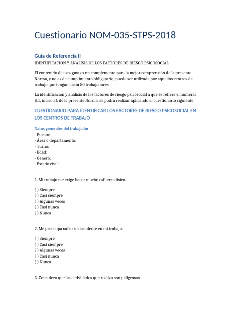 Cuestionario Completo Guia Referencia II v NOM-035-STPS-2018 | PDF