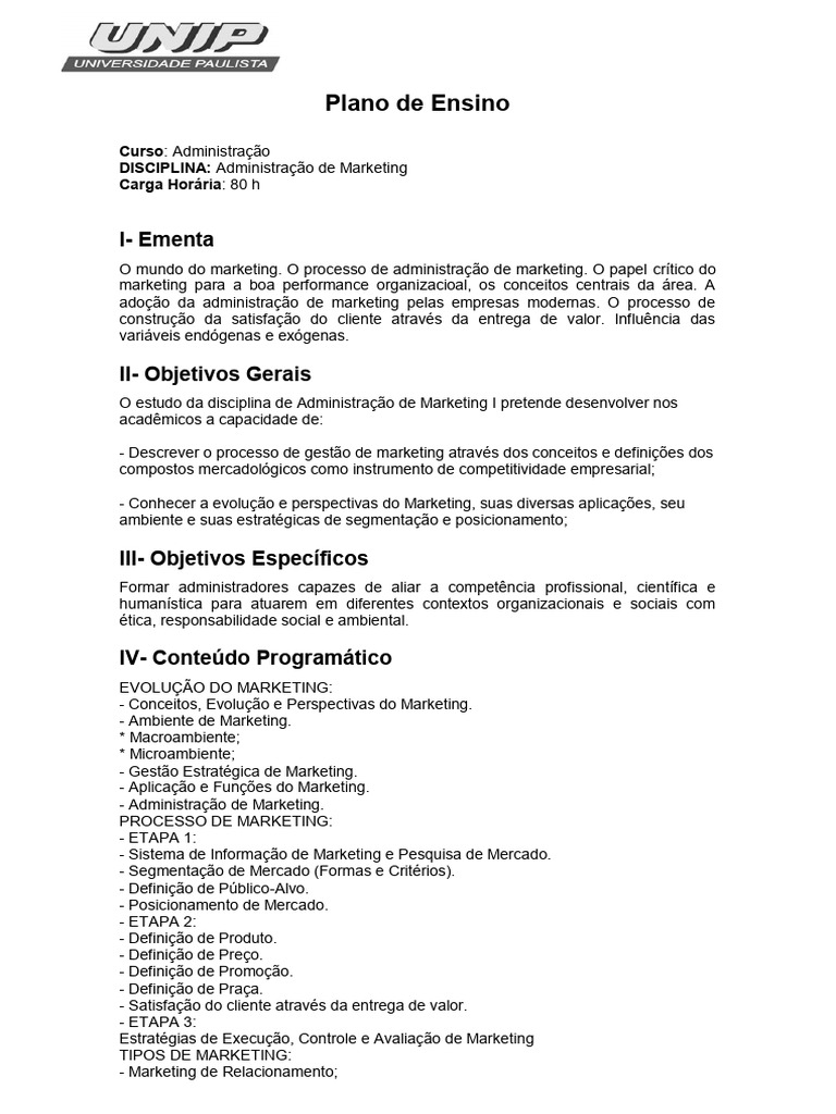 Plano de Ensino Adm Marketing | PDF