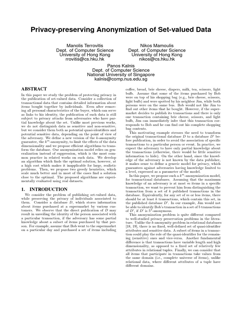 Privacy-Preserving Anonymization of Set-Valued Data: K K D D | PDF