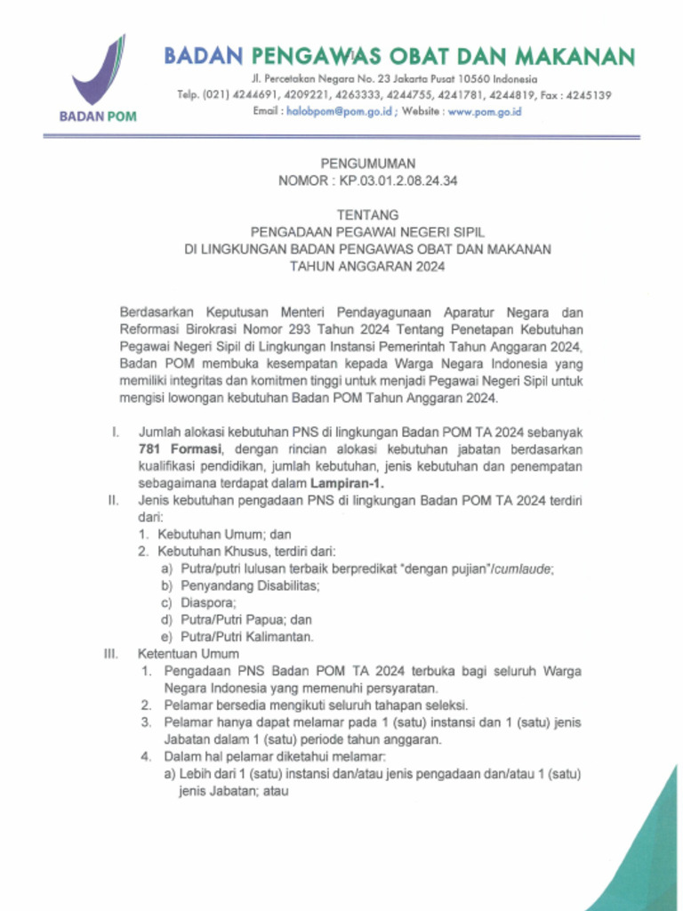 Penerimaan Asn Bpom 2024 | PDF