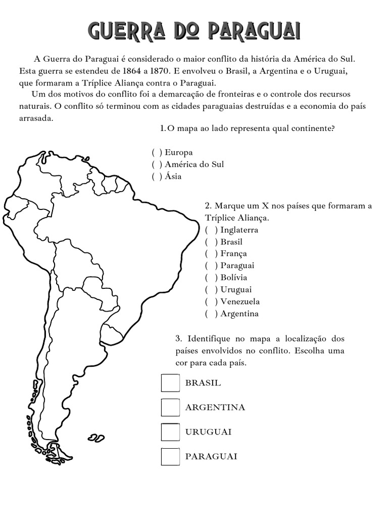 Atividades sobre a Guerra do Paraguai | PDF