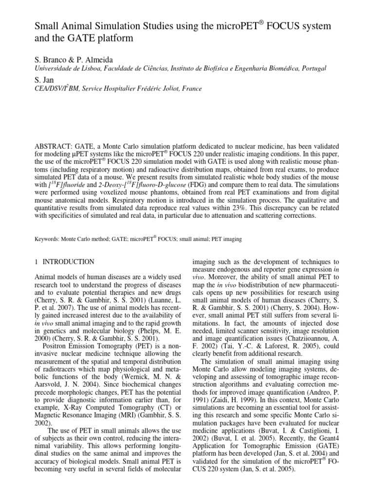 IJCV&B - Small Animal Simulation Studies Using The microPET FOCUS System and The GATE Platform | PDF