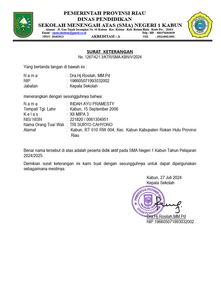 Surat Keterangan Siswa Print Pdf