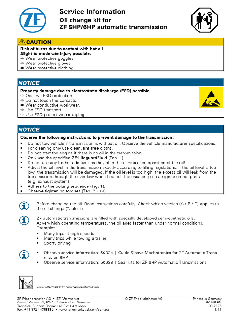 Service Information: Oil Change Kit For ZF 5HP/6HP Automatic ...