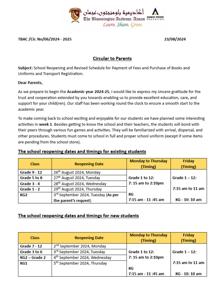 TBAC School Reopening Circular AY 2024 2025 | PDF