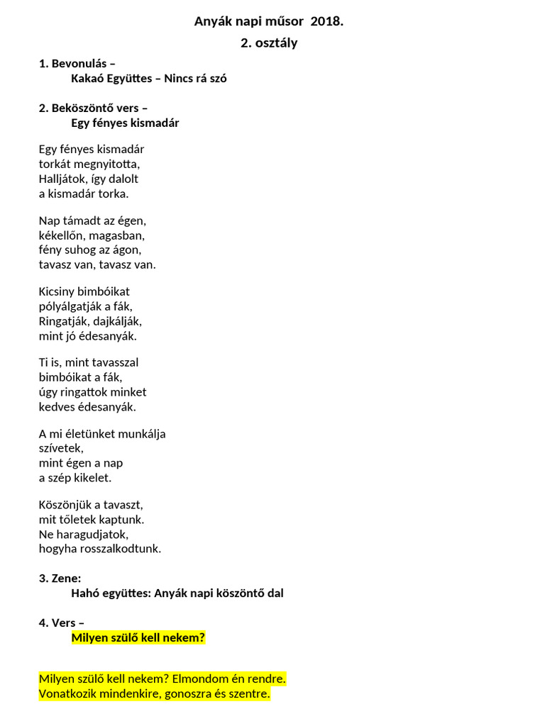 Anyák Napi Műsor 5 | PDF