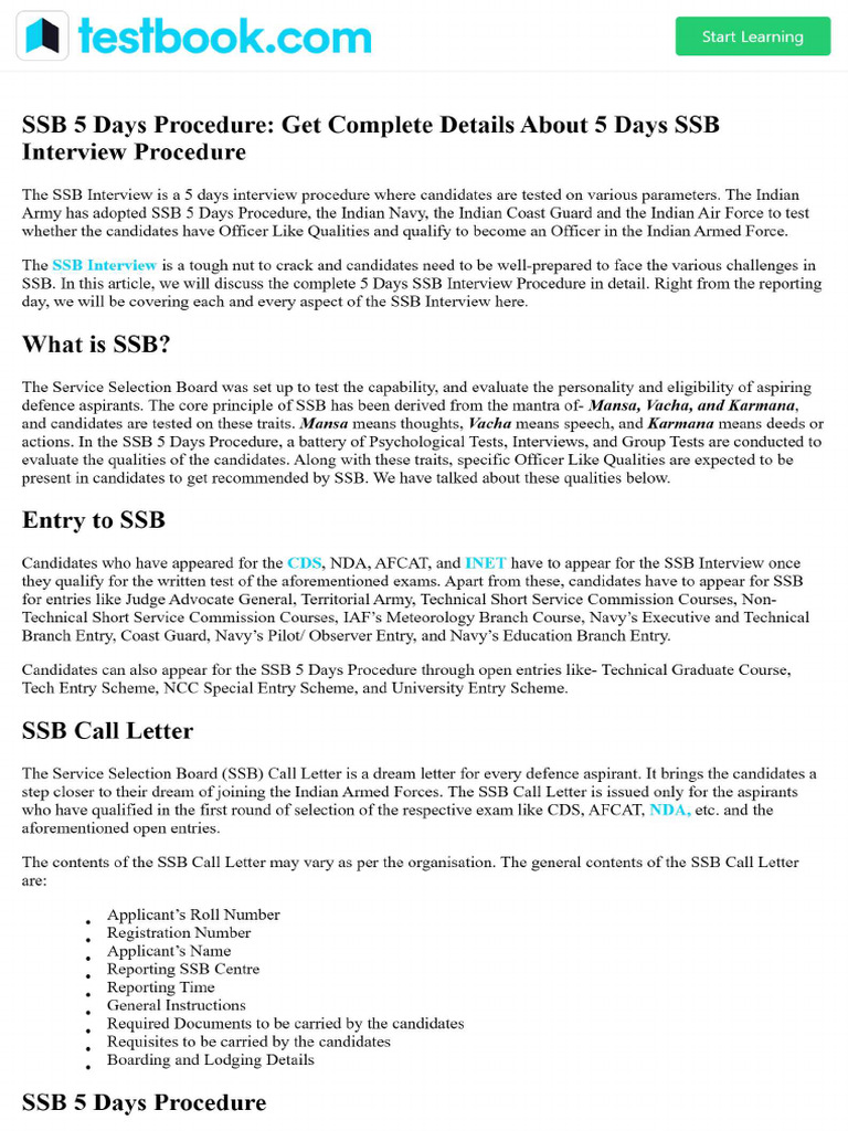 SSB 5 Days Procedure - Get Complete Details About 5 Days SSB Interview Procedure | PDF