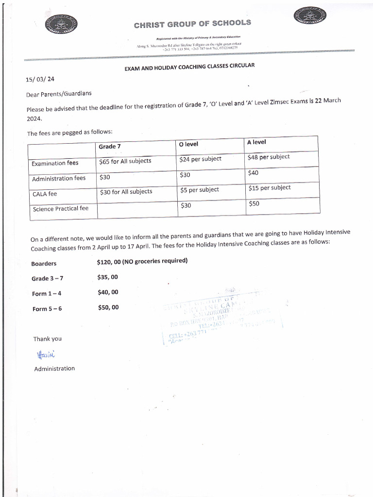 Exam and Holiday Coaching Circular | PDF
