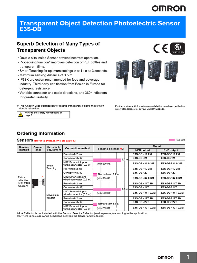 E439 E3s-Db Transparent Object Sensor Datasheet en | PDF