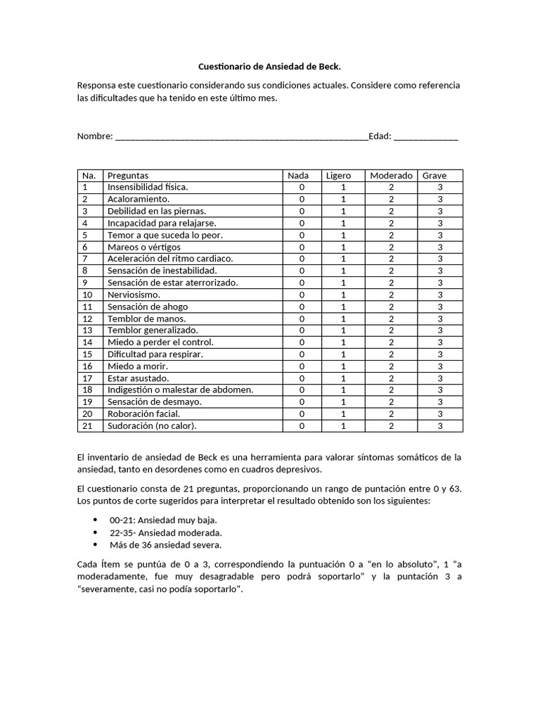 Cuestionario de Ansiedad de Beck | PDF | Ansiedad | Sicología