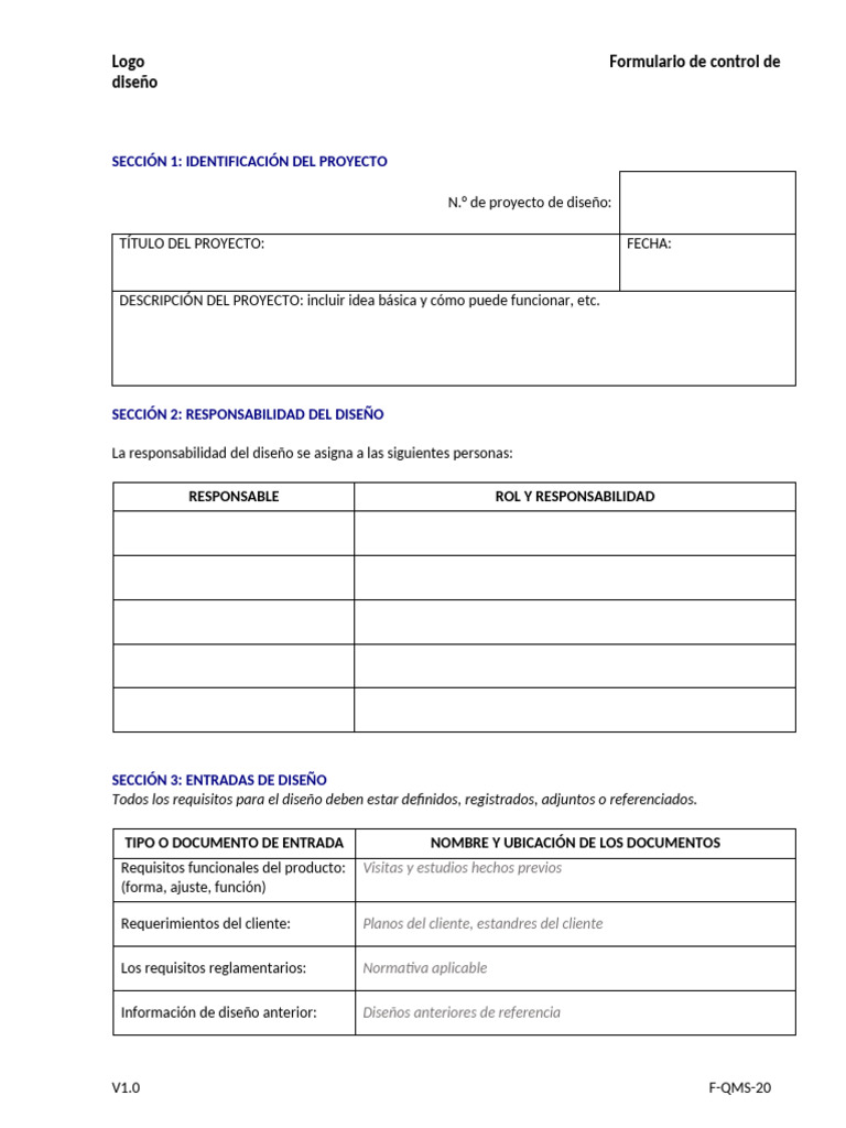 F-QMS-20 - Formulario de Control de Diseño | PDF