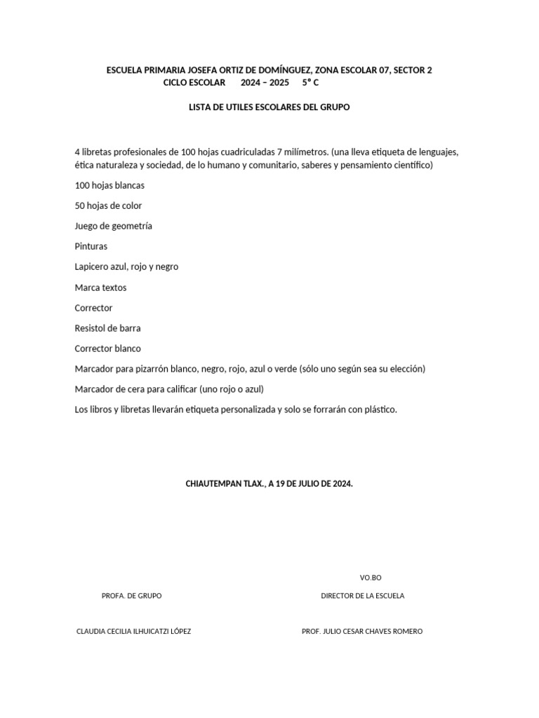 LISTA DE UTILES ESCOLARES 5oC 2024-2025 | PDF