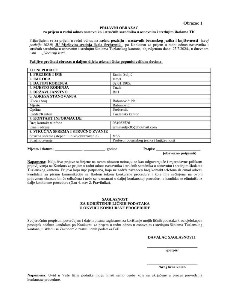 Prijavni Obrazac Nastavnici I Strucni Saradnici Osnovne I Srednje Skole Dec | PDF