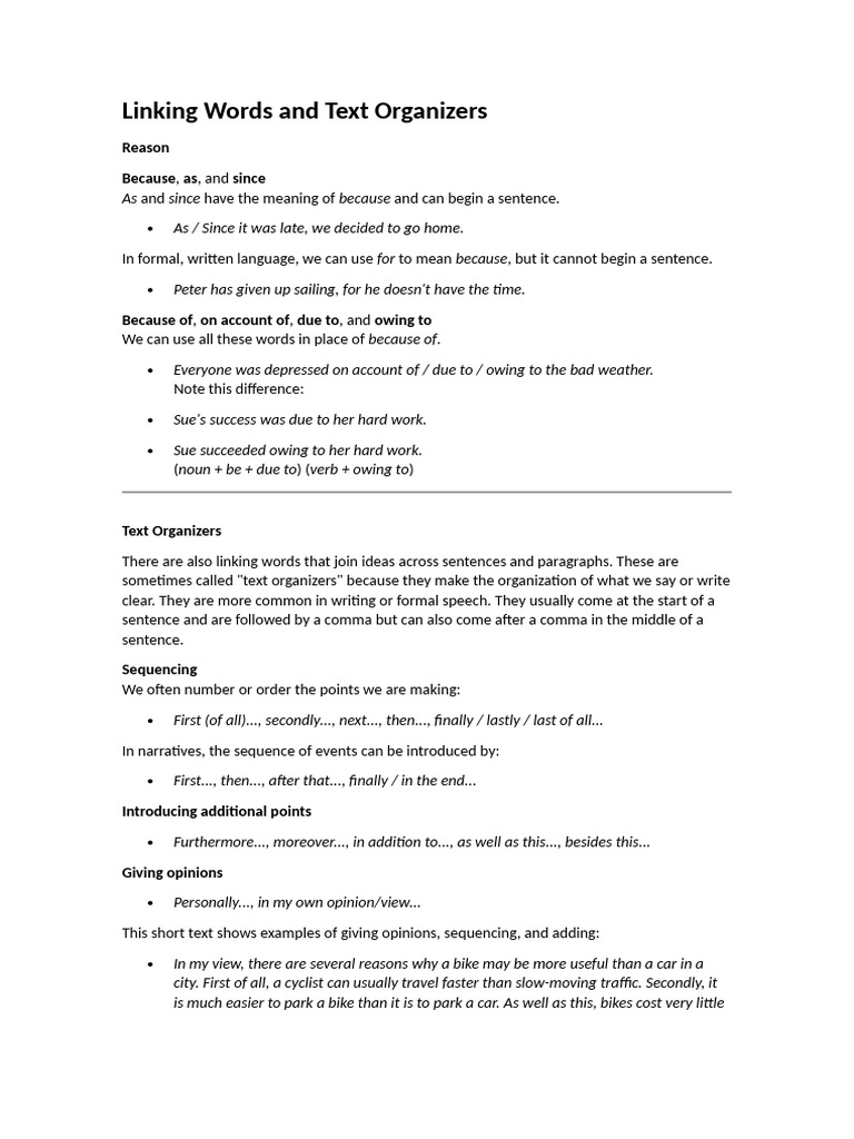 Linking Words and Text Organizers FCE | PDF