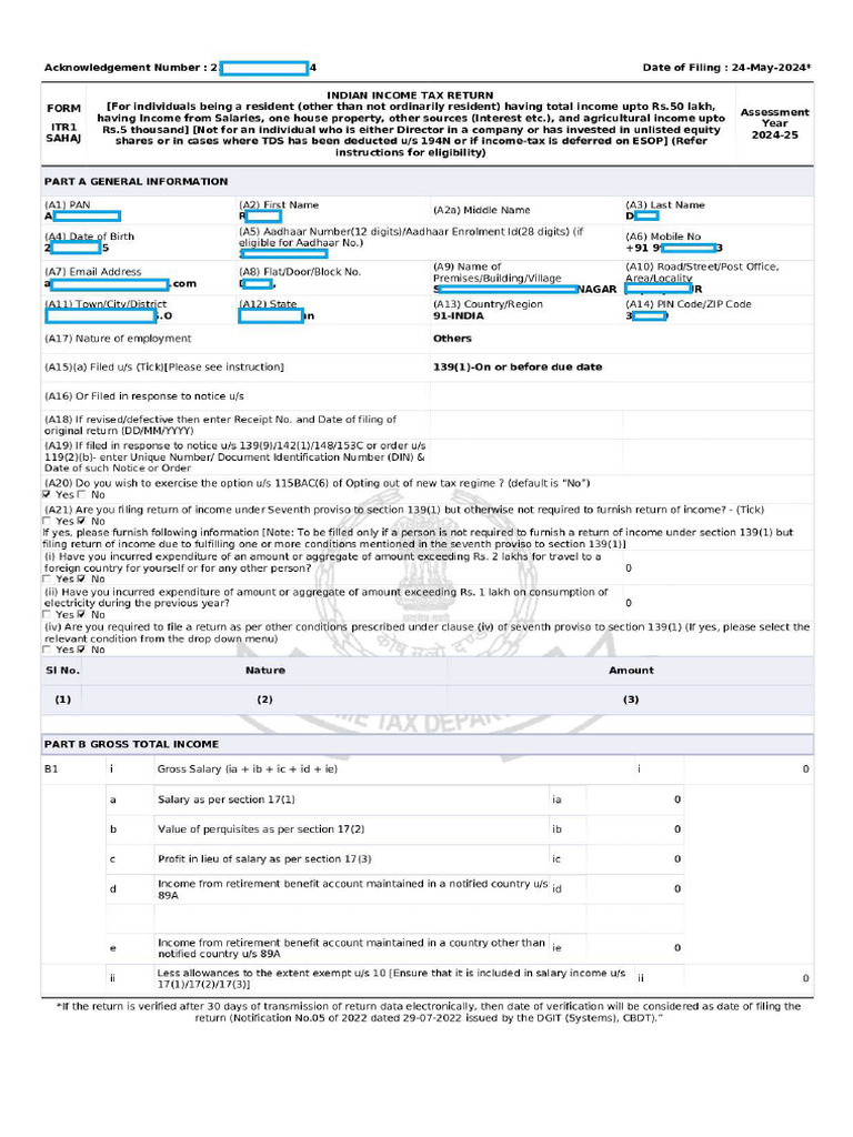 Sample Format Of Itr Required Pdf