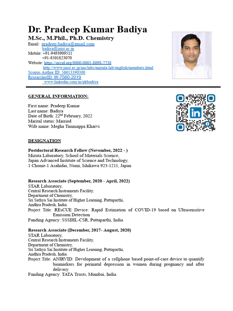 Dr. Pradeep Kumar Badiya CV-2023!06!06 | PDF