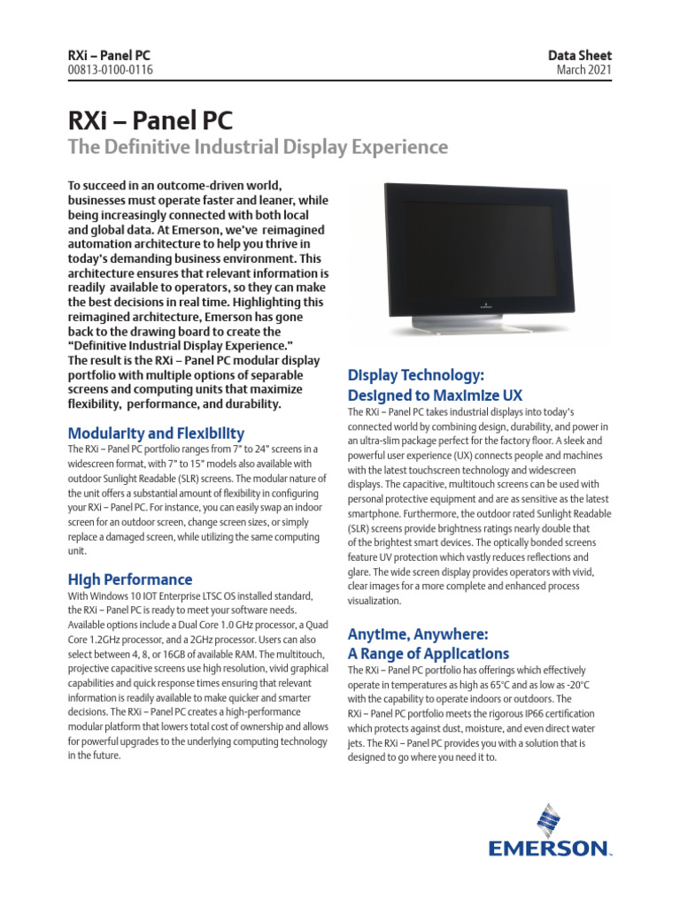 Product Data Sheet Rxi - Panel PC Emerson en 6414102 | PDF