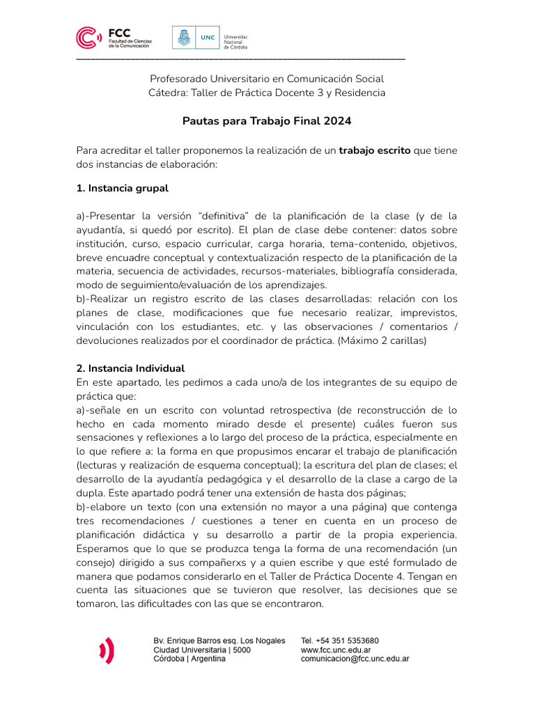 Pautas Trabajo Final Taller Docente 2024 | PDF | Evaluación | Arte