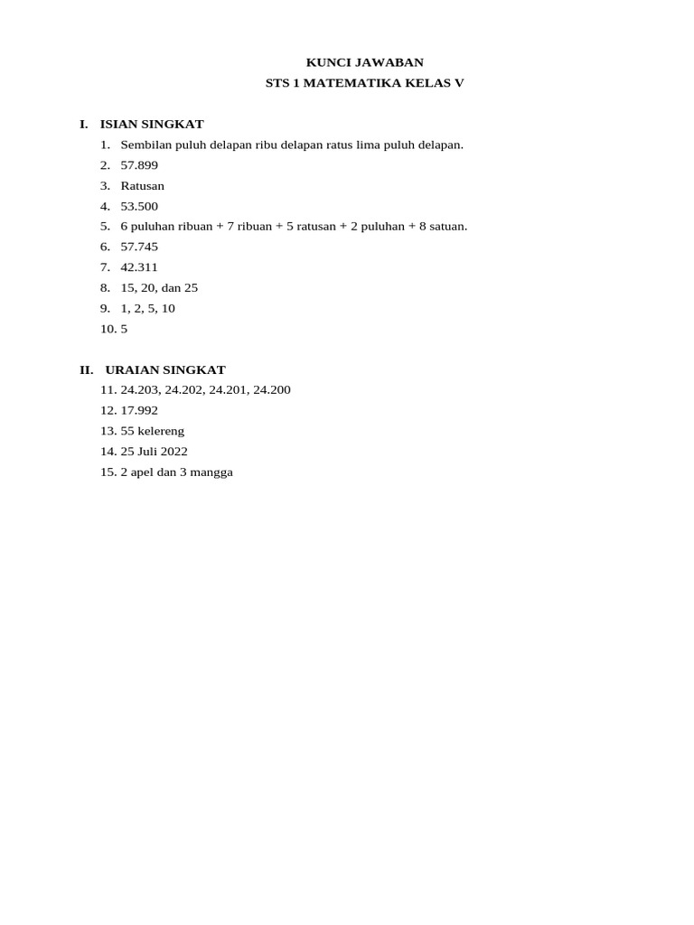 Kunci Jawaban Dan Penskoran MTK V | PDF