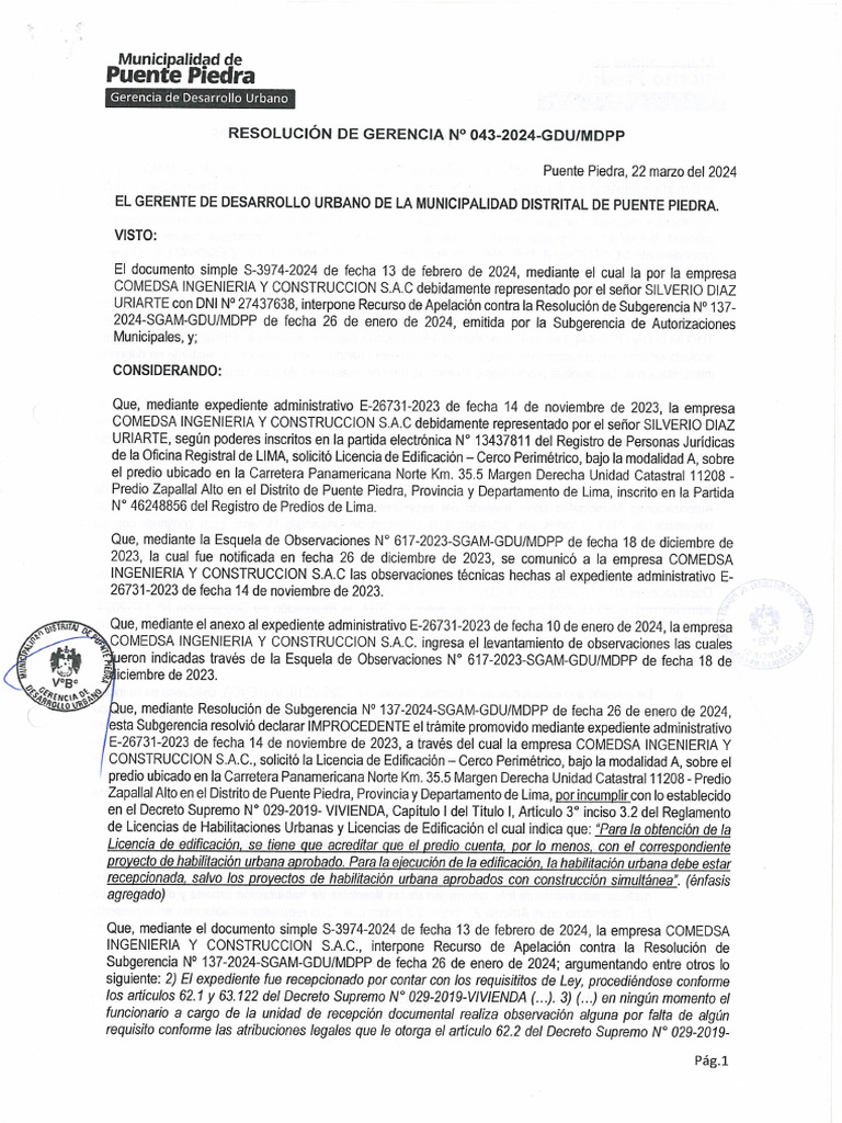 RESOLUCIÓN DE GERENCIA N°043-2024-SOLICITUD DE LICENCIA DE EDIFICACIÓN | PDF