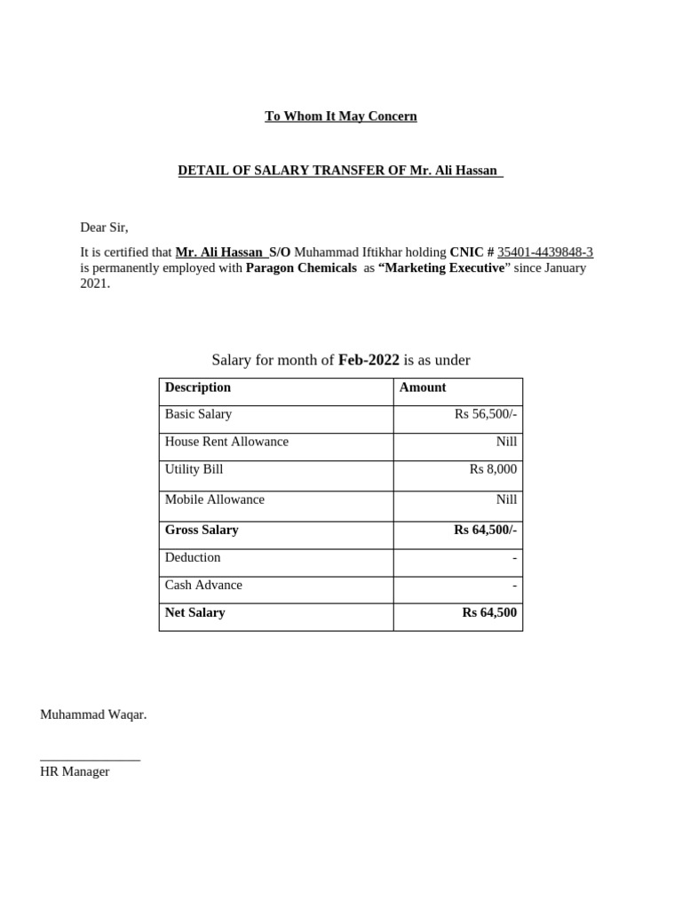 Salary Confirmation for Mr. Ali Hassan | PDF | Finance & Money Management