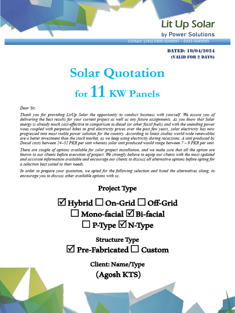 Quotation 11kN19P L2 0502 Agosh Batterylithium | PDF | Solar Power ...