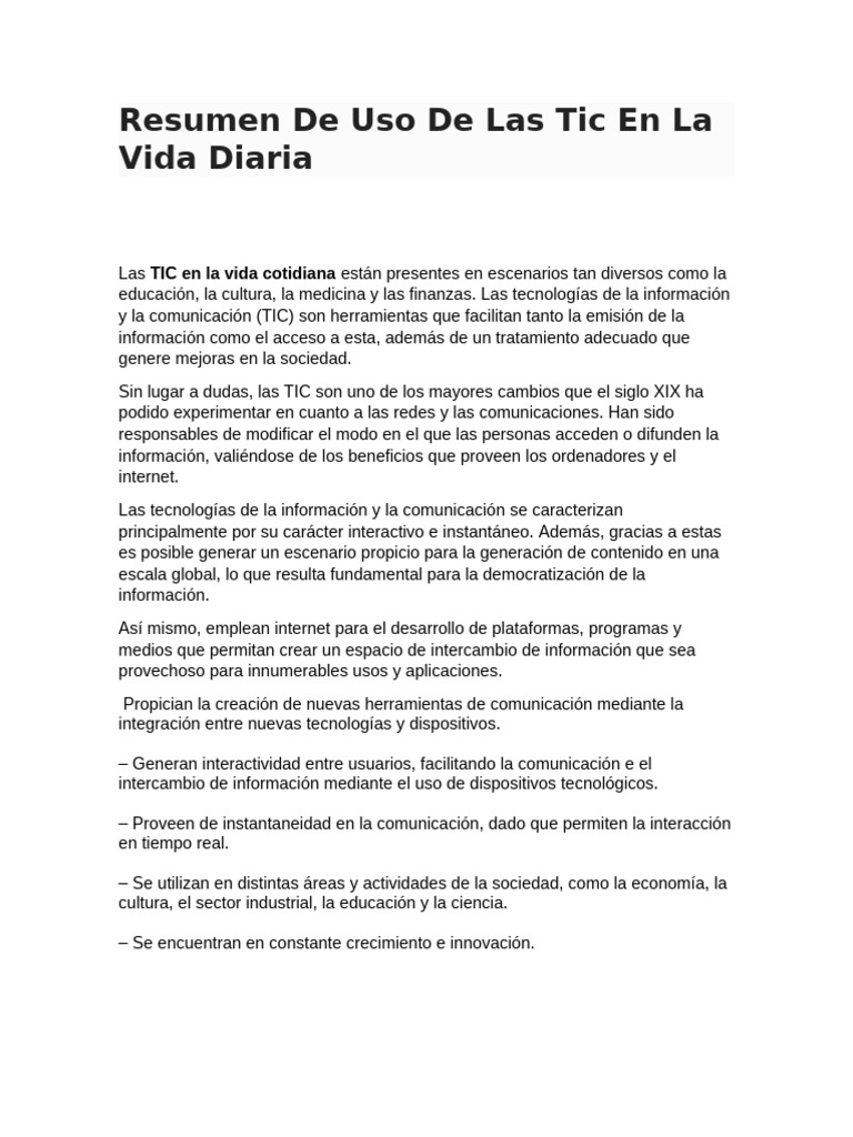Resumen de Uso de Las Tic en La Vida Diaria | PDF