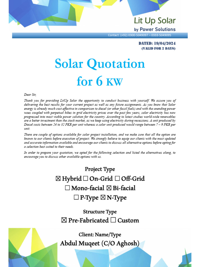 6KW Hybrid Solar Quotation 2024 | PDF | Solar Power | Power Inverter