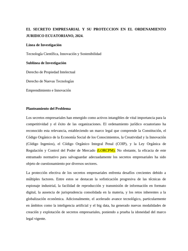 El Secreto Empresarial y Su Proteccion en El Ordenamiento Juridico Ecuatoriano | PDF