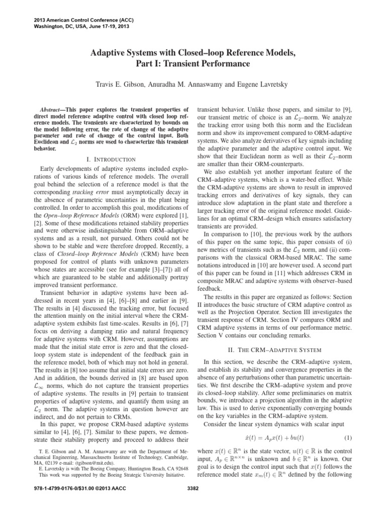 Adaptive Systems With Closed-Loop Reference Models, Part I: Transient Performance | PDF