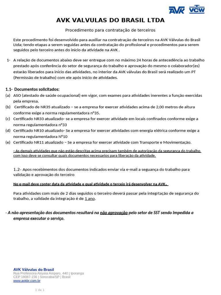 Procedimento Terceiros - AVK BRASIL | PDF