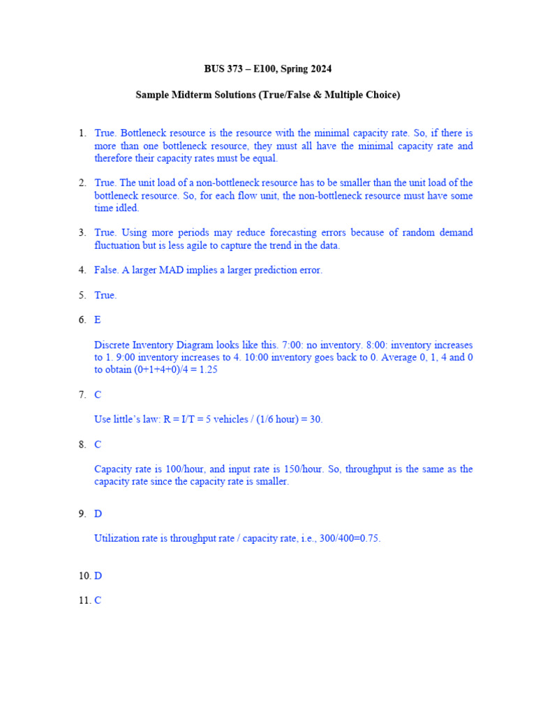 Sample Midterm Solutions (True False & Multiple Choice) | PDF