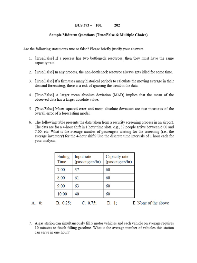Sample Midterm Questions (True False & Multiple Choice) | PDF