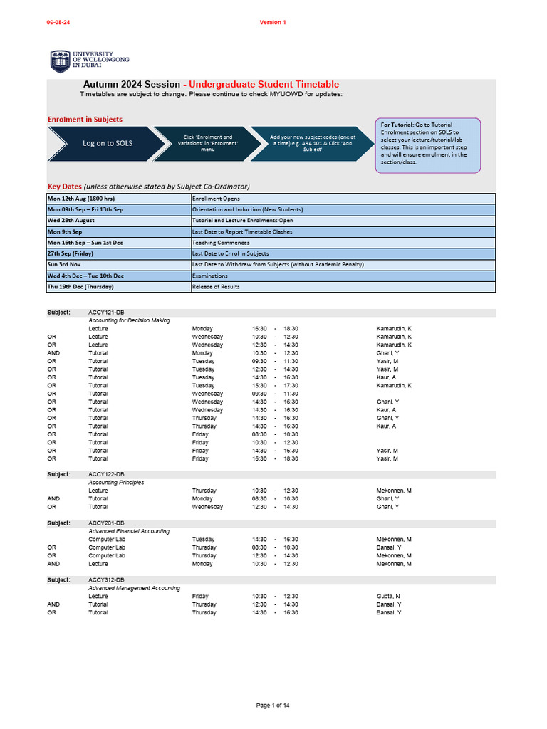 UG Timetable - Autumn 2024 | PDF