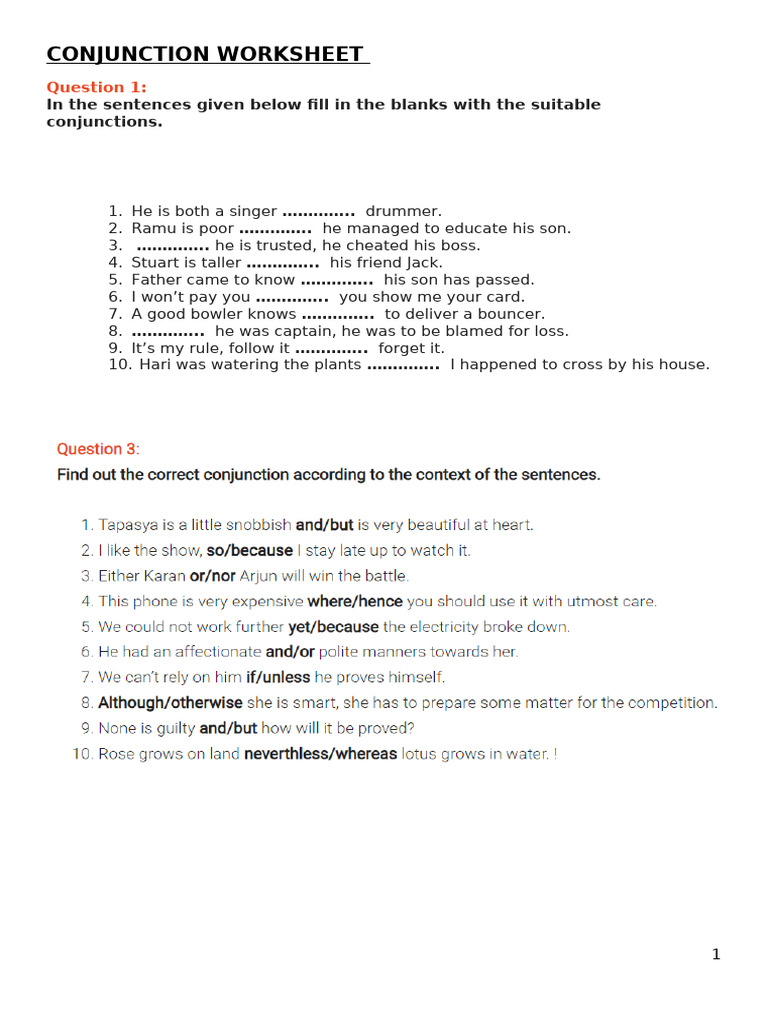 Conjunction Worksheet for Practice | PDF