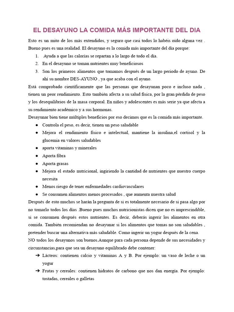 El Desayuno La Comida Más Importante Del Dia | PDF