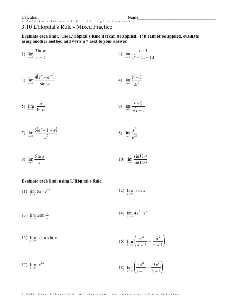 3.10 L'Hopital's Rule - Mixed Practice | PDF