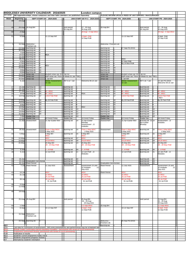 Middlesex University Academic Calendar 2024-25 | PDF
