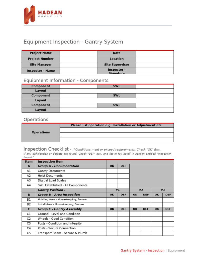 Equipment Inspection - Gantry System | PDF