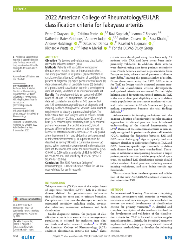2022 ACR/EULAR Criteria for Takayasu Arteritis | PDF | Medical ...