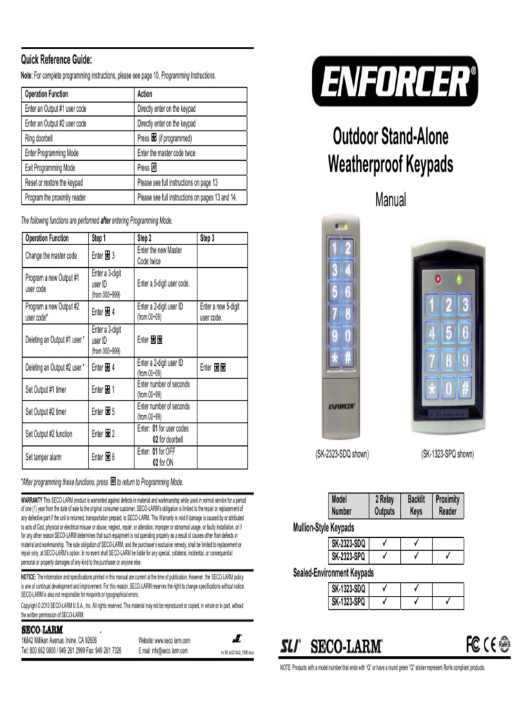 SECO-LARM Enforcer SK-1323-SDQ Quick User Programming Manual | PDF