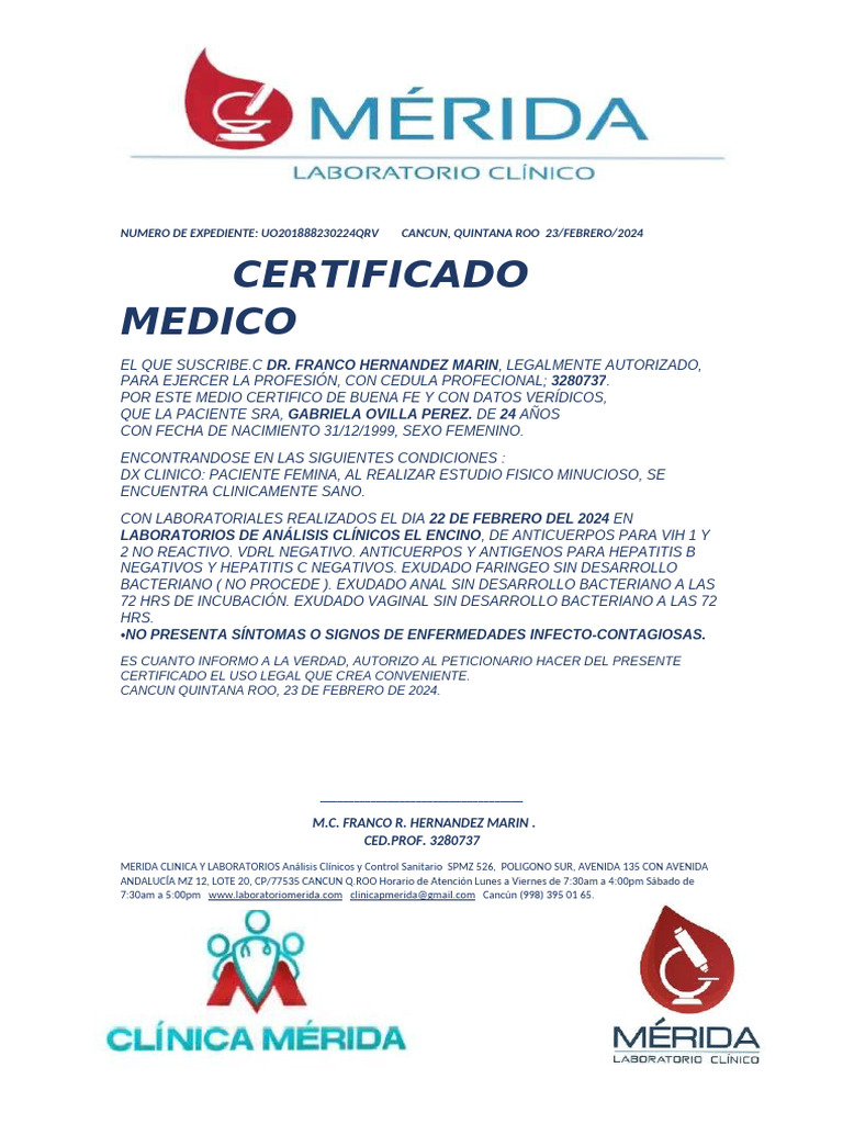 certificado medico merida | PDF