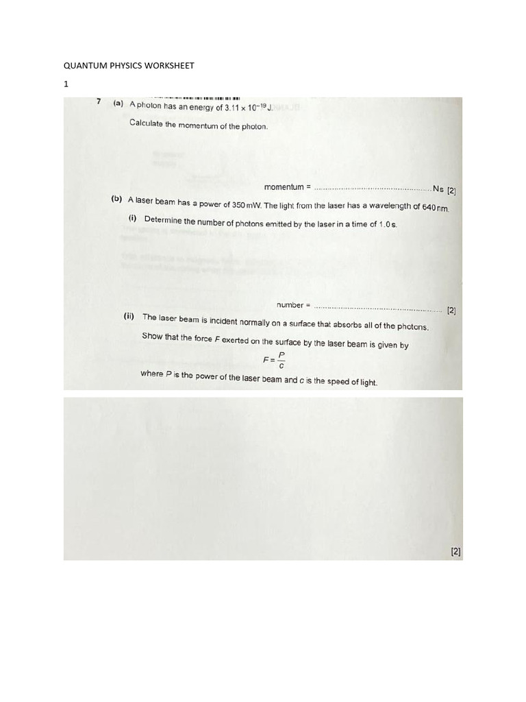 Quantum Physics Worksheet | PDF
