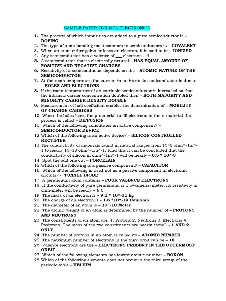 SAMPLE PAPER FOR MTA ELECTRONICS | PDF