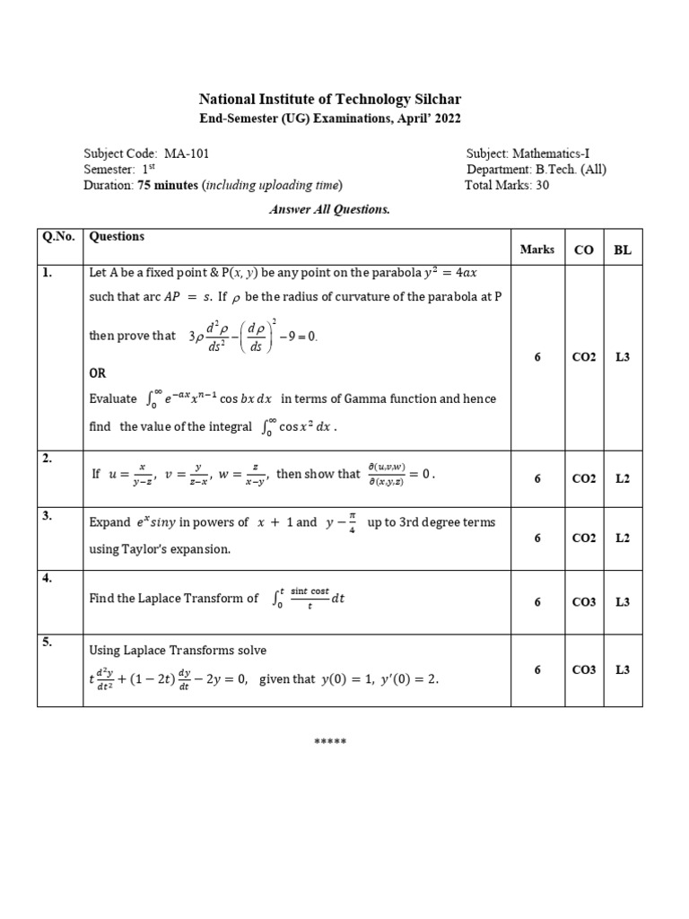 MA-101 QP - End Sem -2022 | PDF
