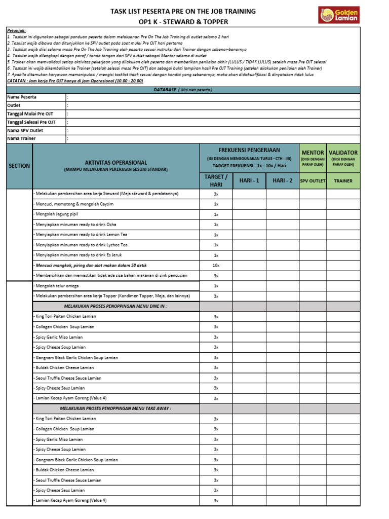 1.1 Tasklist Pre Ojt - Op1 K | PDF