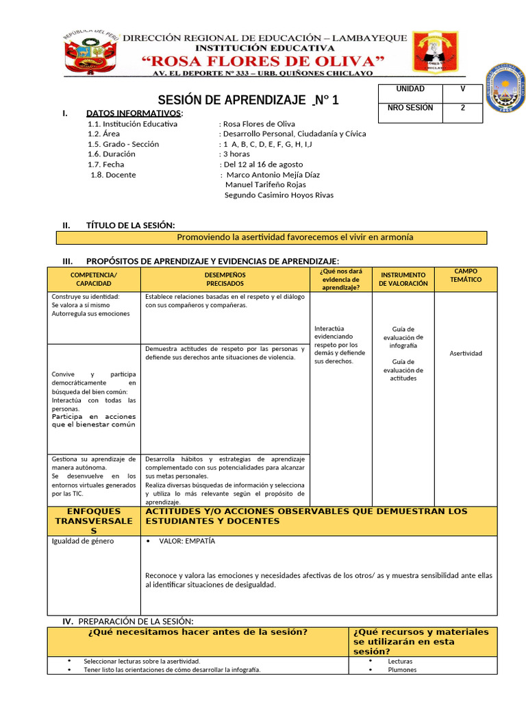 SESIÓN DE APRENDIZAJE N°02 ASERTIVIDAD | PDF